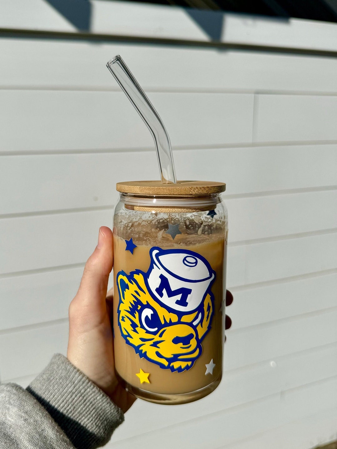 University of Michigan Glass | GO BLUE Iced Coffee Cup | Glass Jar With ...