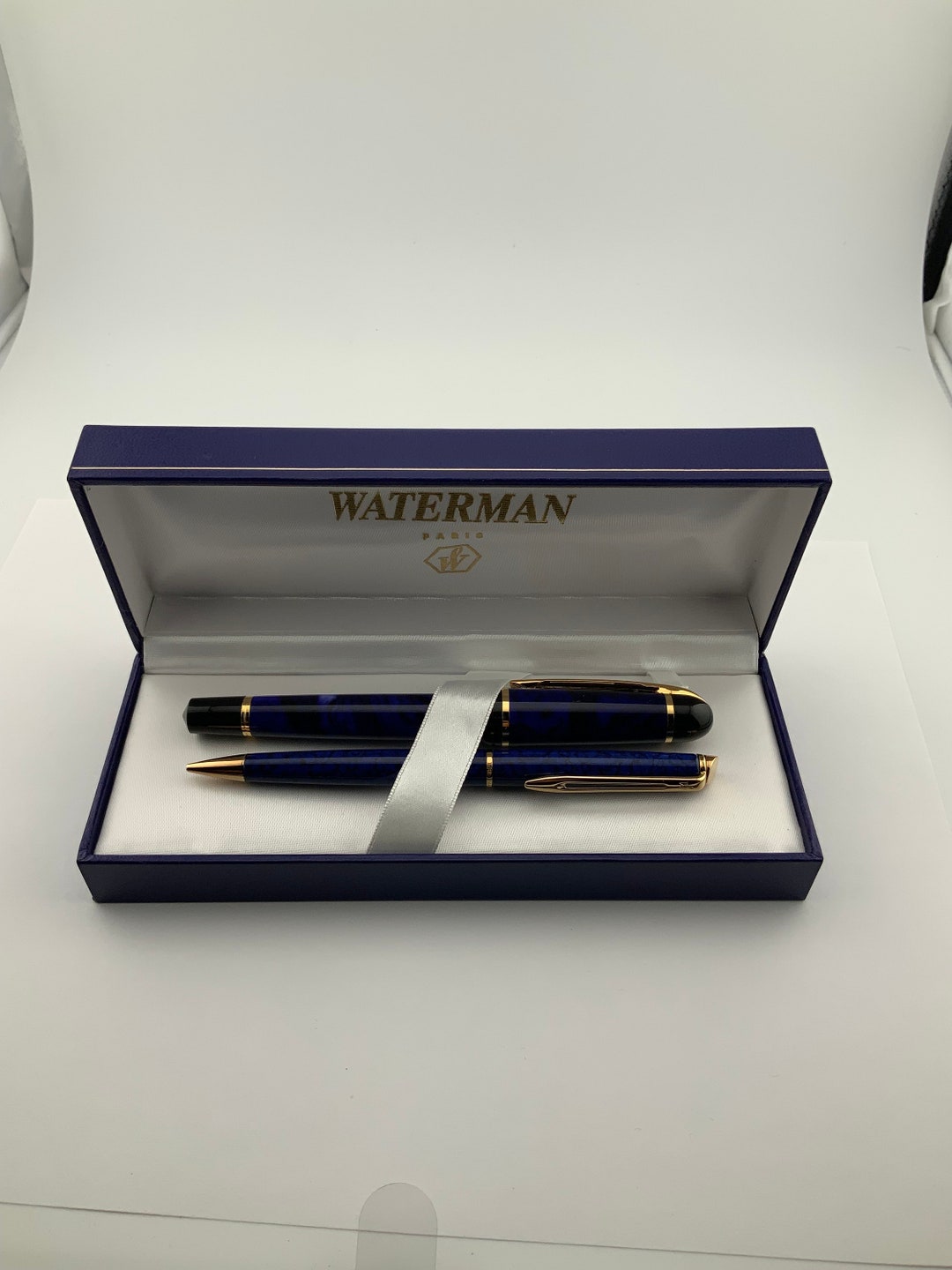 Waterman Paris Blue Marble Fountain Pen & Pencil in Box - Etsy