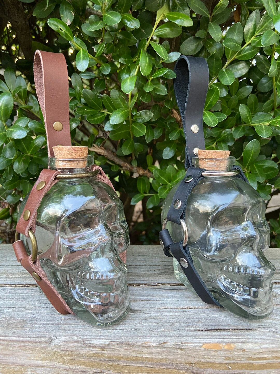 Glass Skull Potion Bottle With Leather Straps, Accent Rings and Color ...
