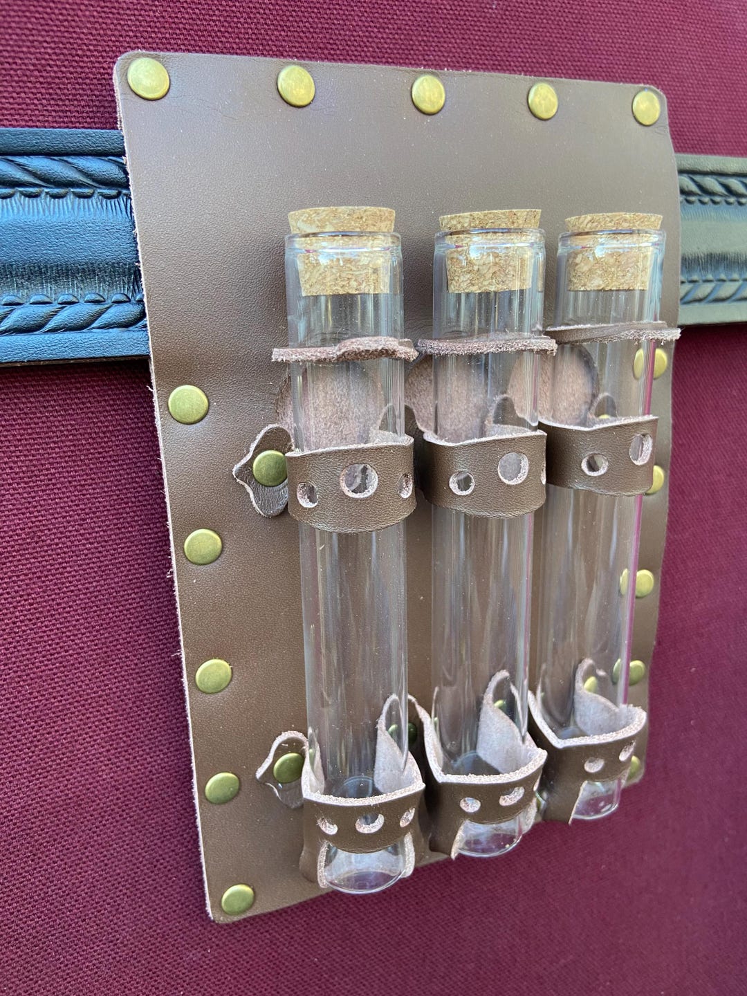 Tall Alchemy Vial Holder With Brown Leather and Brass Color Rivets for ...