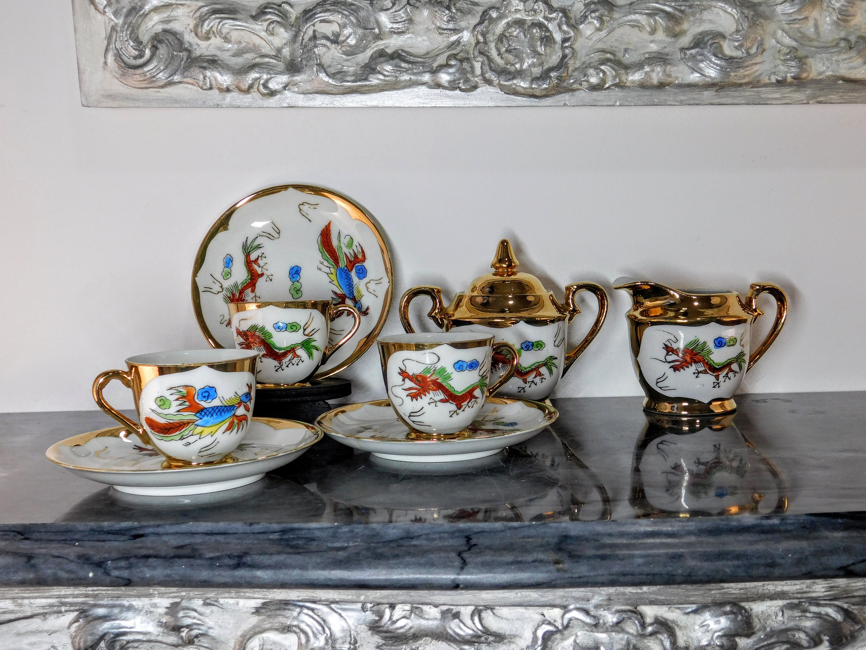 Vintage Japanese Coffee Set in Pattern Porcelain Dragon and Phoenix. at ...