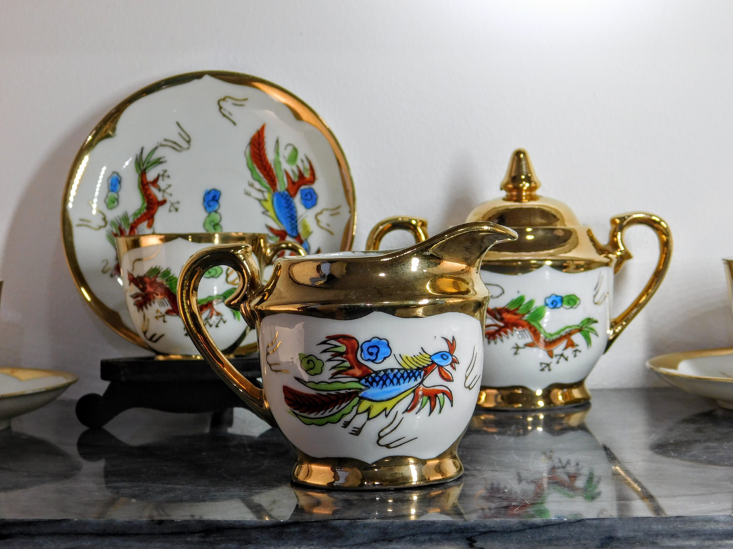 Vintage Japanese Coffee Set in Pattern Porcelain Dragon and Phoenix. at ...