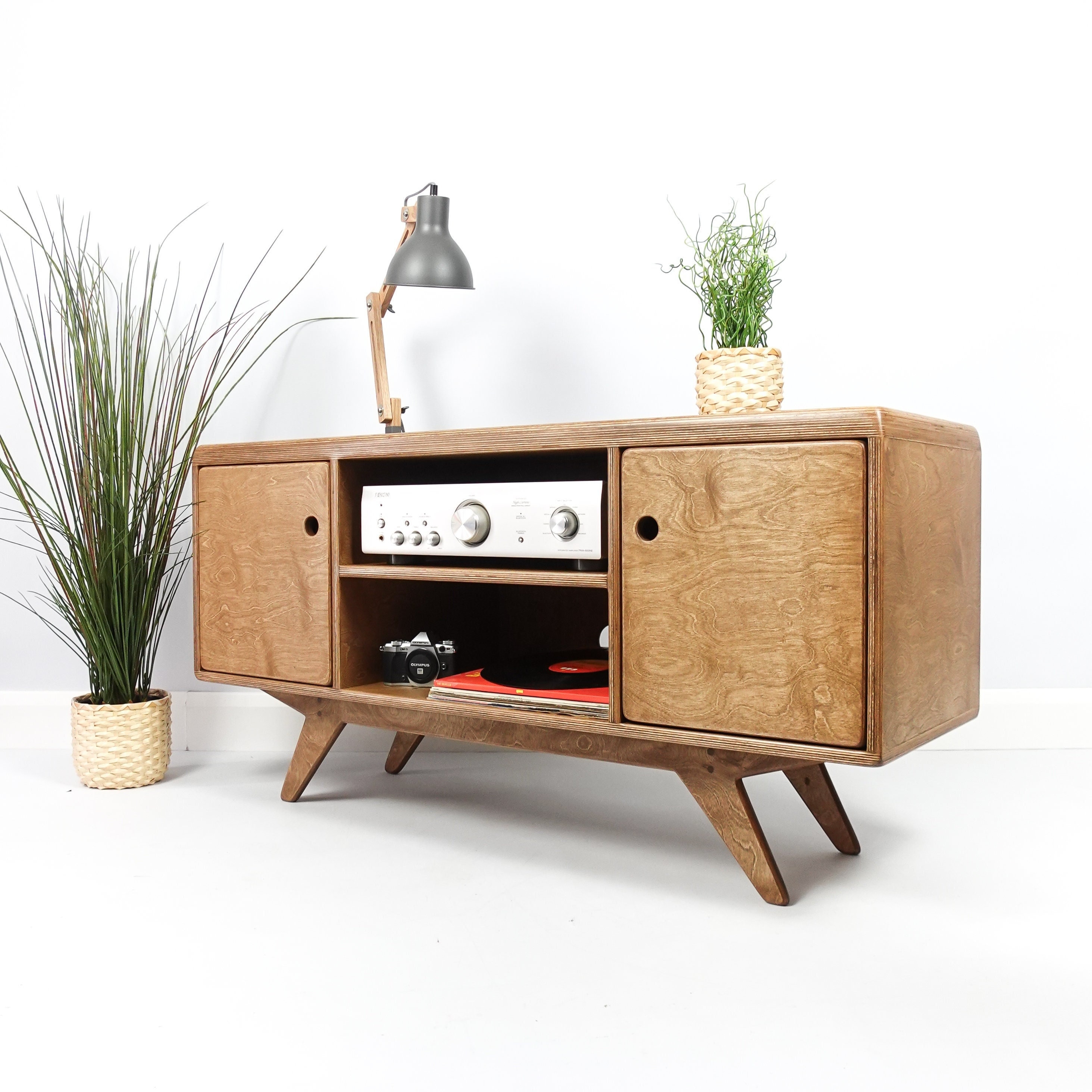 Plywood Sideboard, TV Stand, Wooden Media Unit, Record Cupboard, Scandi ...