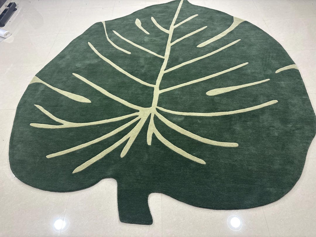 Leaf Shaped Area Rug, Green Botanical Rug, Modern Nature Inspired ...