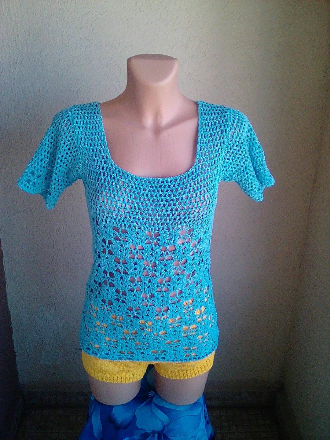 Crochet Cotton Blue Color Women Top, Crochet Women's Clothes, Women ...