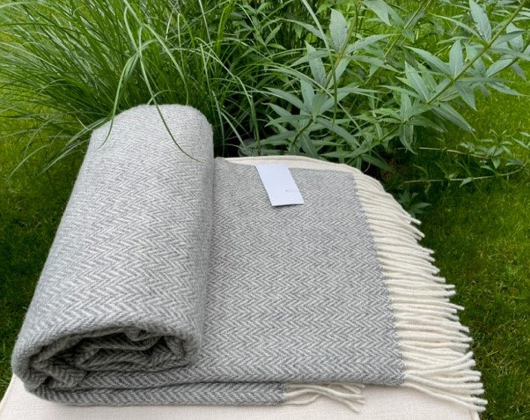 Pure Natural Grey Sheep Wool Blanket in Herringbone Weave 100% Natural ...