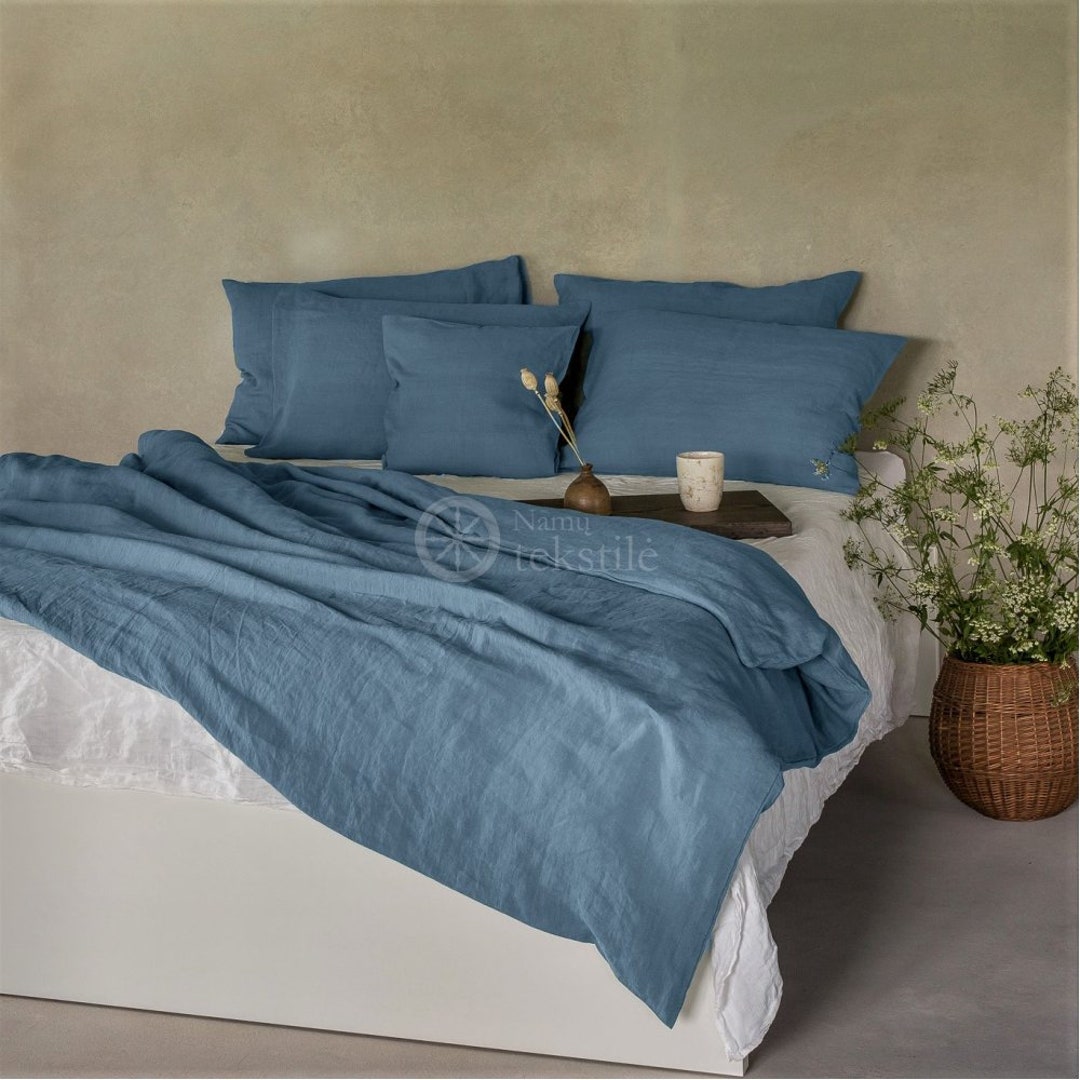 Natural Linen Bedding Set in Blue Color | Stone Washed Linen Duvet ...