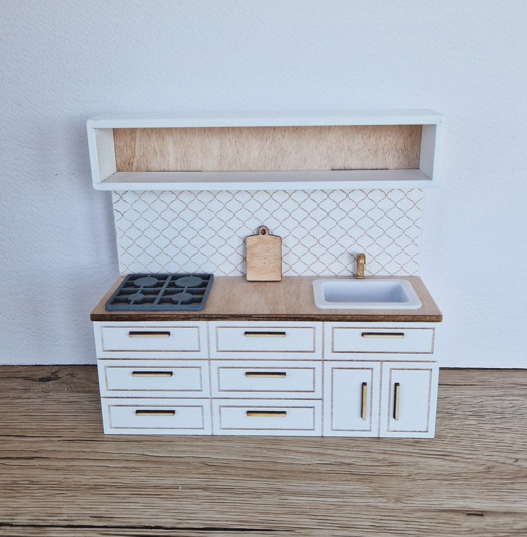 Miniature Dollhouse Kitchen, White, 1:12 Scale, Miniature Furniture ...