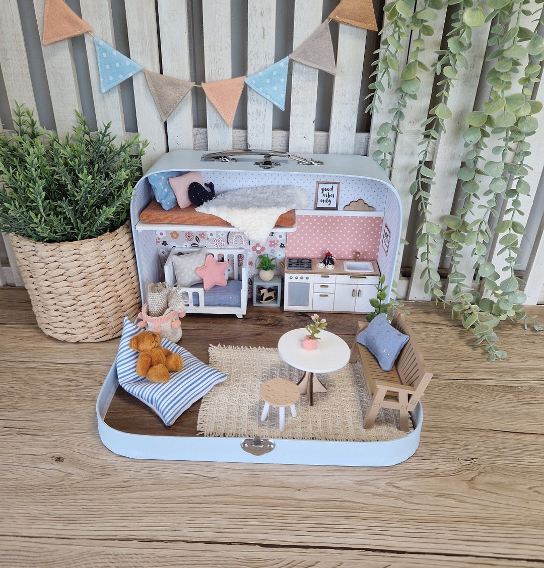 Medium Dollhouse in a Suitcase, Miniature Furniture in 1:12 Scale ...