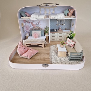 Large Dollhouse in a Suitcase, Cozy Pastel Retreat, Miniature Furniture ...