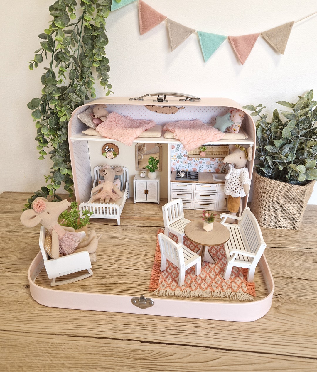 Large Dollhouse in a Suitcase, Miniature Furniture in 1:12 Scale ...