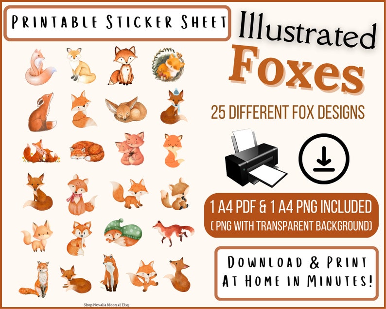 Illustrated Foxes Printable Sticker Sheet | Digital Download - Etsy