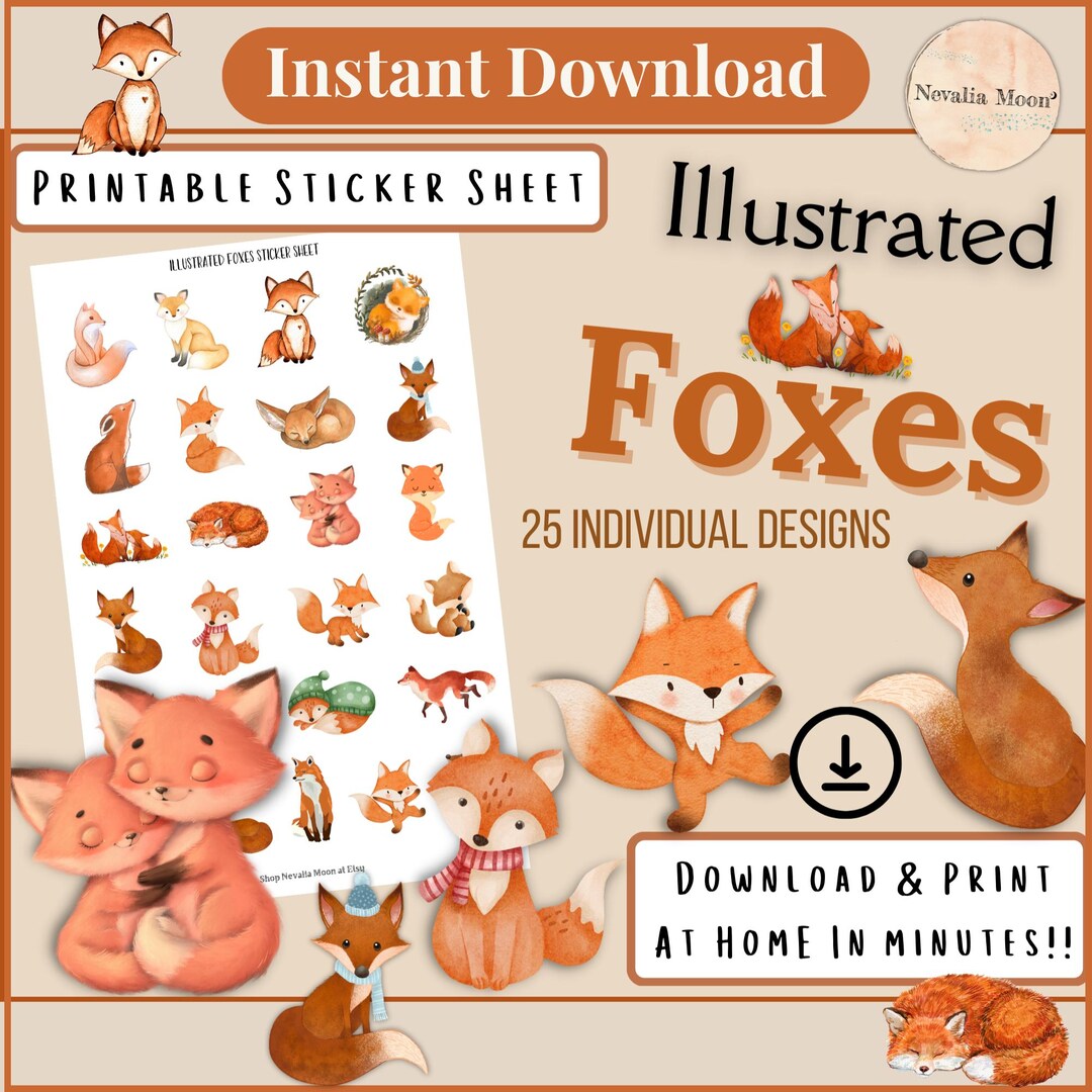 Illustrated Foxes Printable Sticker Sheet | Digital Download - Etsy