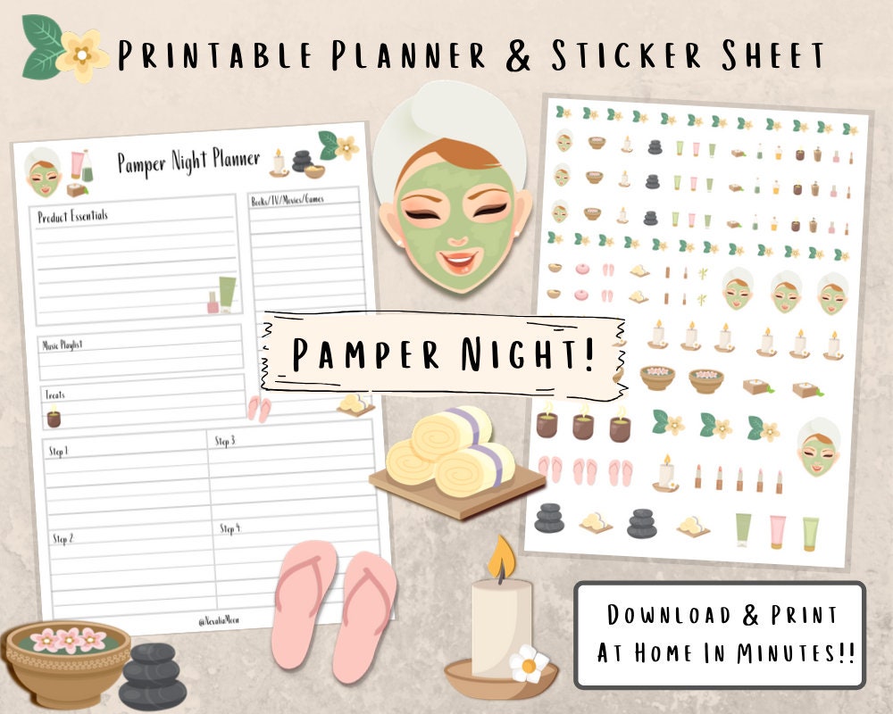 Pamper Spa Night Printable Planner and Sticker Sheet Bundle Perfect for ...