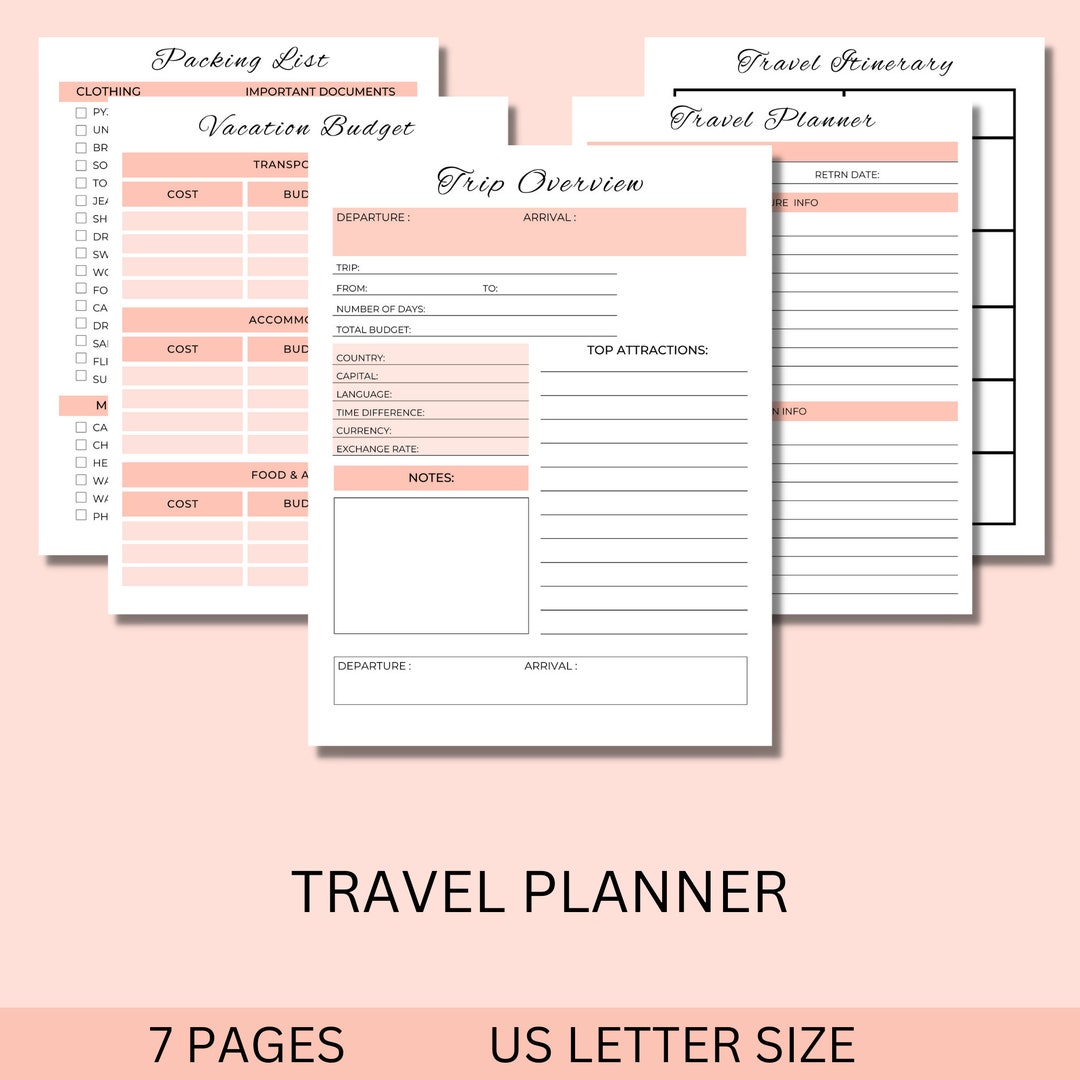 Travel Planner Printable, Travel Journal, Trip Itinerary Template ...