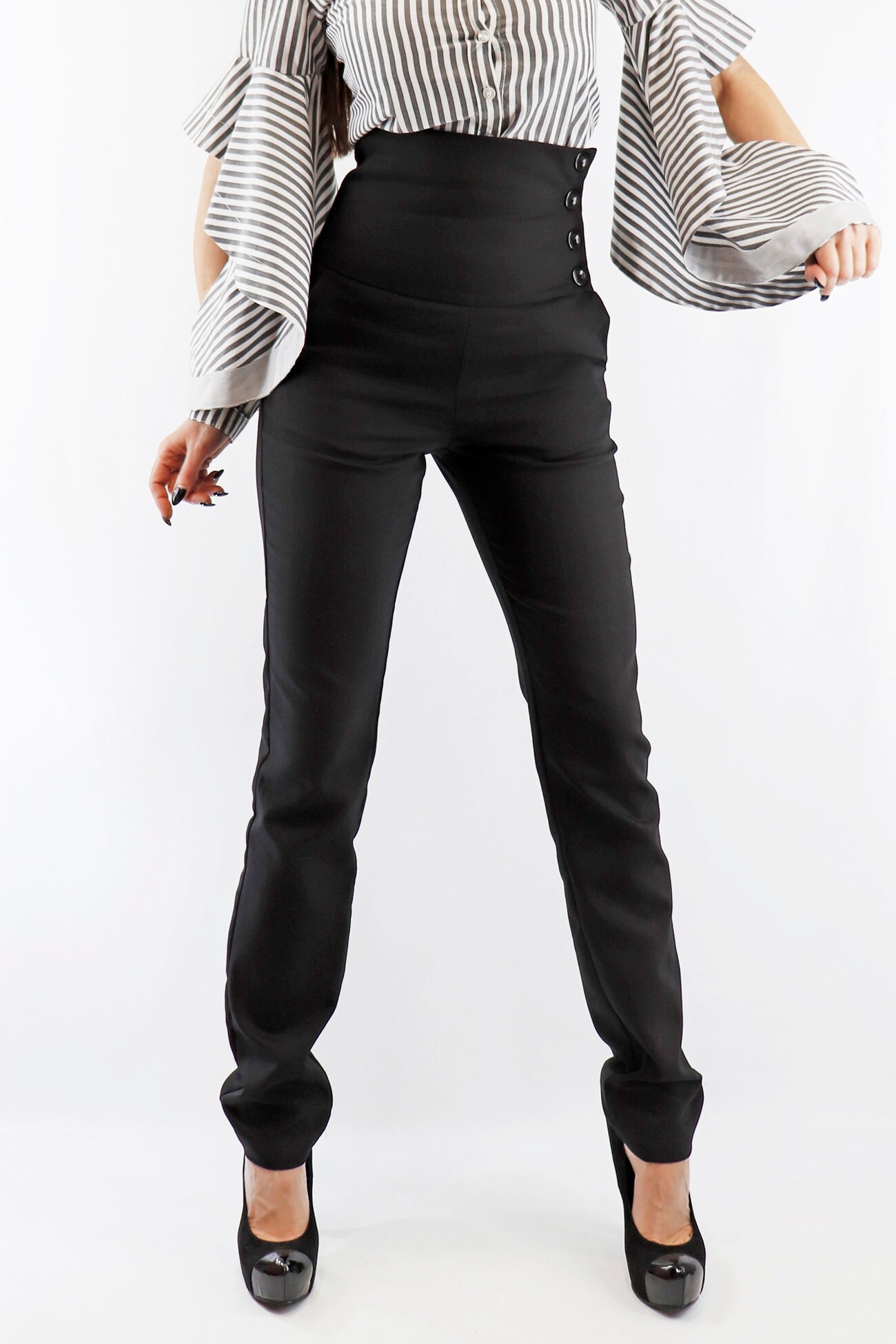 High Waist Trousers Stretch Pants 4-bottons High Rise Pants | Etsy