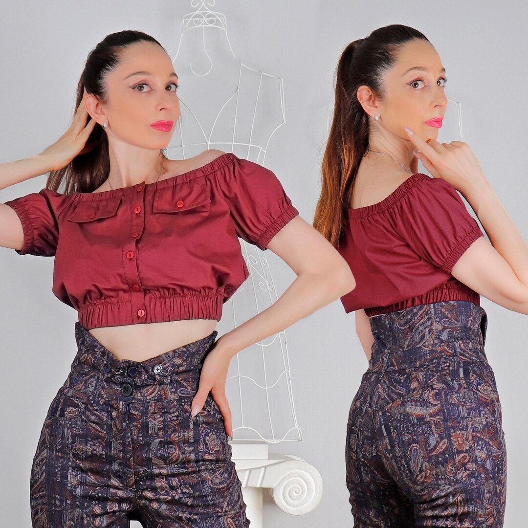 Cotton Shirt/blouse, off Shoulders, Buttons, Puffed Sleeves, Flaps ...