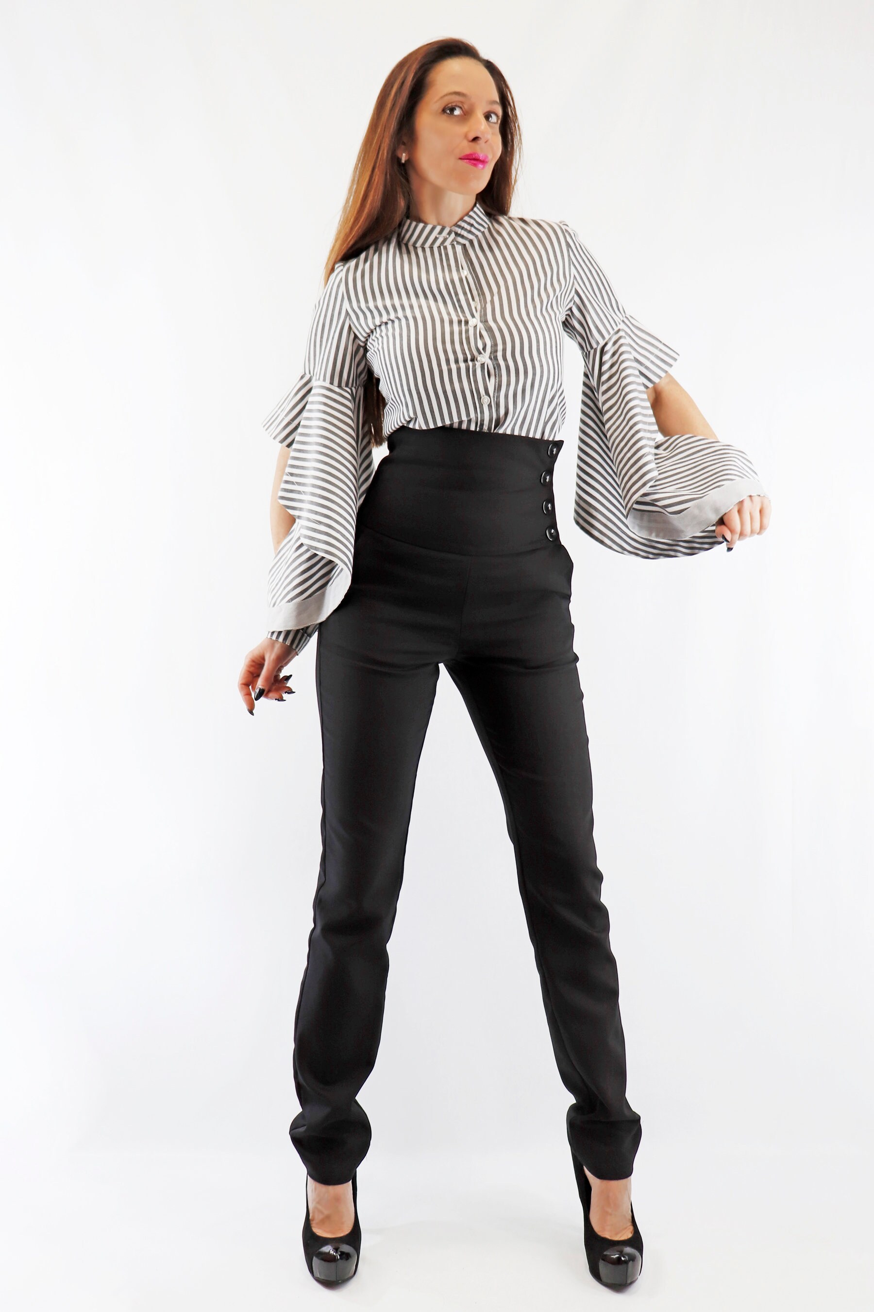 High Waist Trousers Stretch Pants 4-bottons High Rise Pants - Etsy