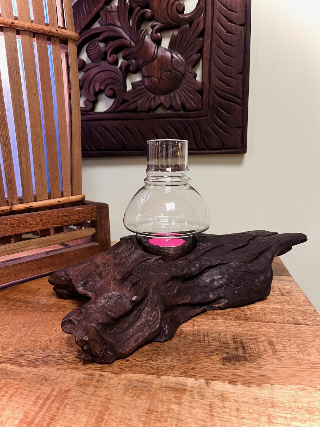 Hand Carved Teak Root Tealight Holder... Comes With a Glass Topper and ...
