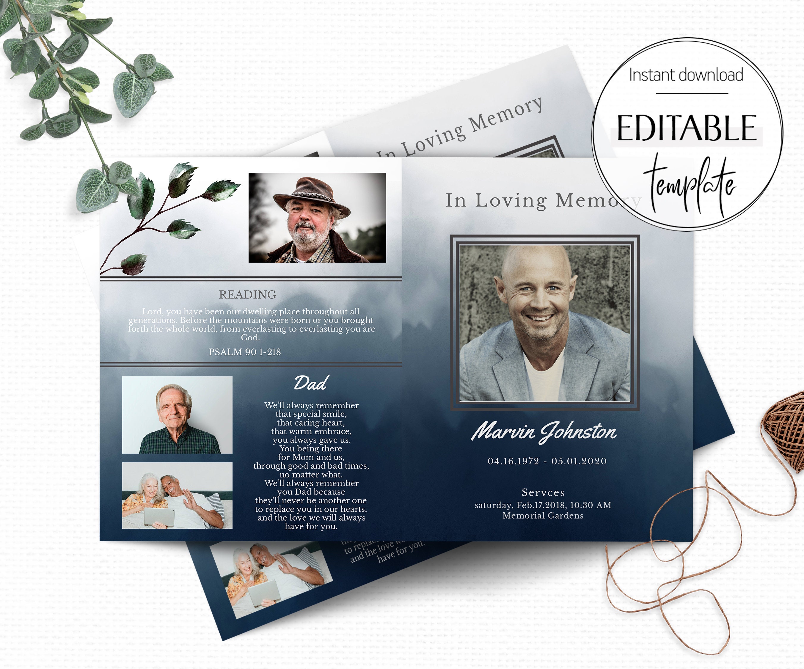 11x17 Funeral Program Blue Funerals Services Men Template | Etsy