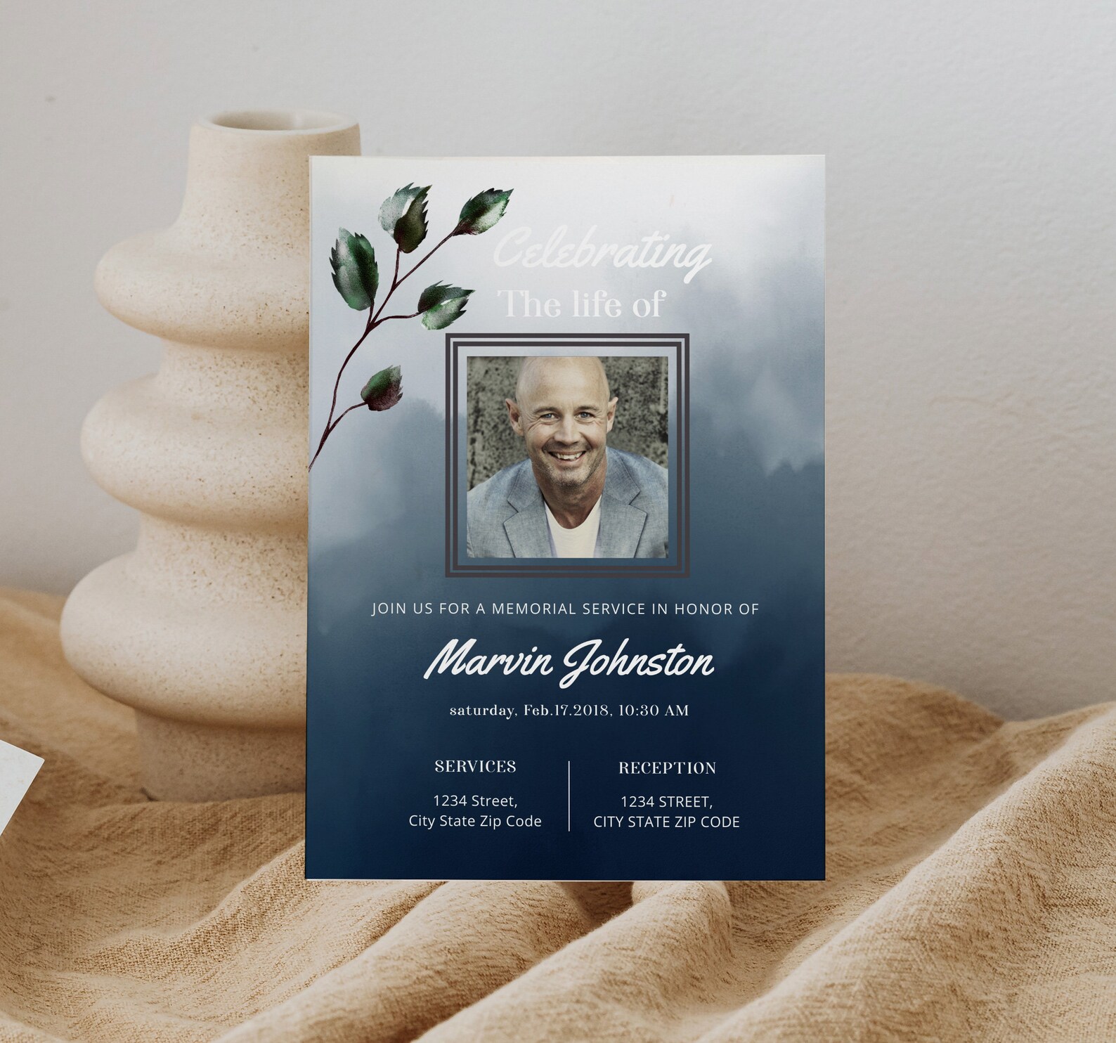 Blue Funeral Invitation Editable Funeral Card Men Funeral - Etsy