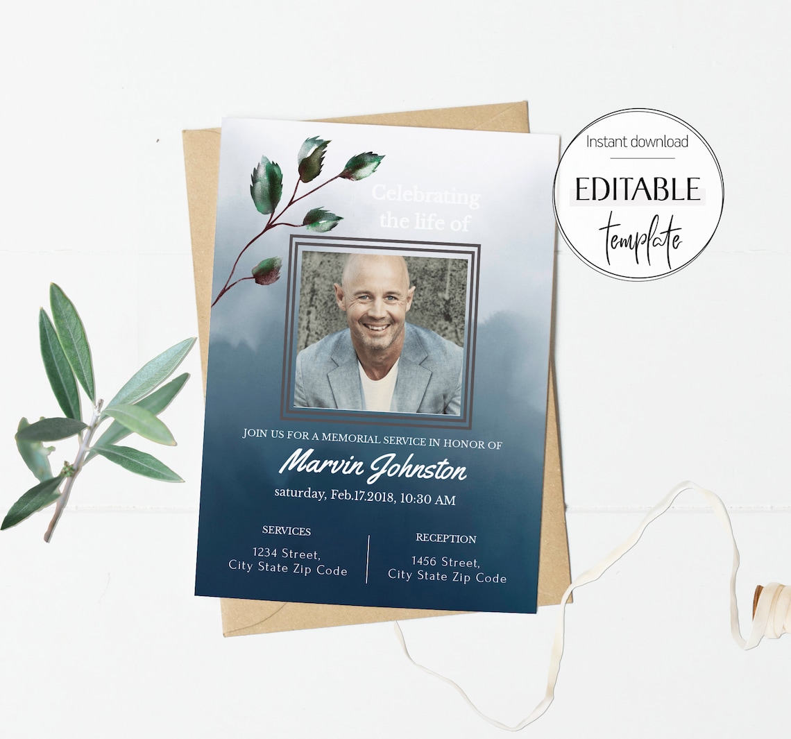 Blue Funeral Invitation Editable Funeral Card Men Funeral | Etsy