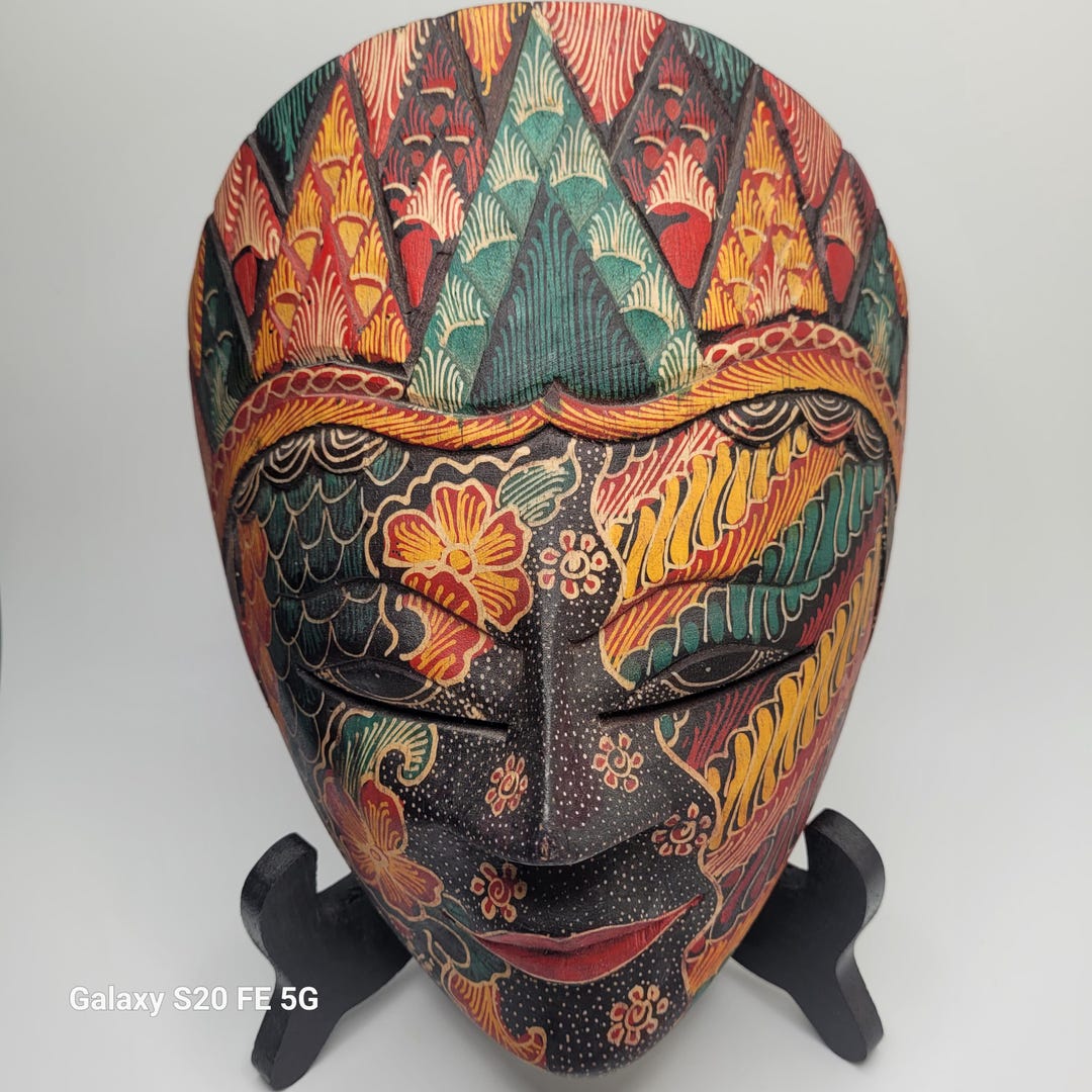 Vintage Batik Topeng Hand Carved Wood Hand Painted Floral Relief Mask 6 ...