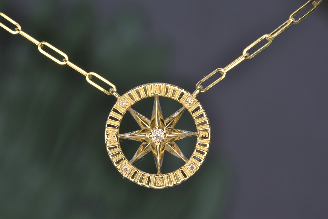 DIAMOND COMPASS NECKLACE in 14kt Gold, Paperclip Chain Necklace, Link ...
