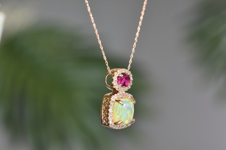 Opal Ruby Necklace, Solid 14kt Gold, Opal Pendant, Ruby and Diamond ...