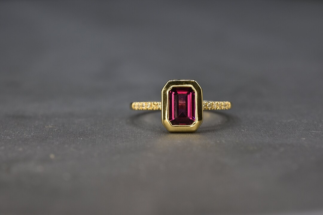 BEZEL SET RHODOLITE Garnet Diamond Gold Ring, Garnet Engagement Ring ...