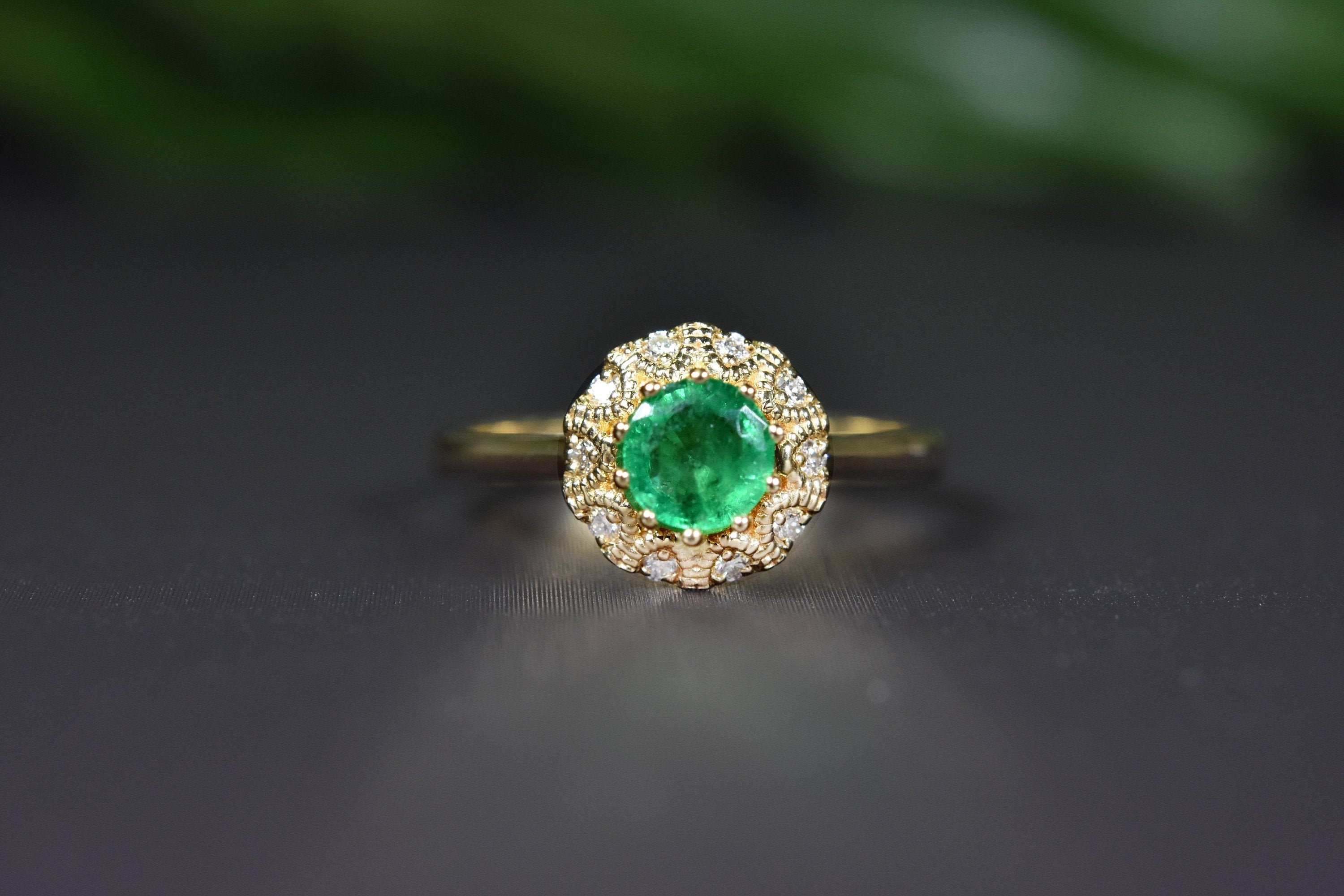 Vintage Emerald Ring | Round Emerald Gold Ring | 14kt Yellow Gold Ring ...