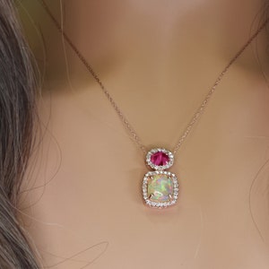 Opal Ruby Necklace, Solid 14kt Gold, Opal Pendant, Ruby and Diamond ...