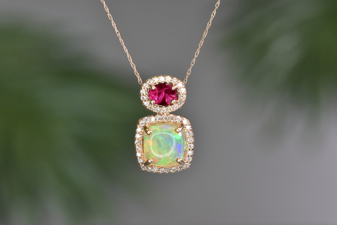 Opal Ruby Necklace Solid 14kt Gold Opal Pendant Ruby and - Etsy