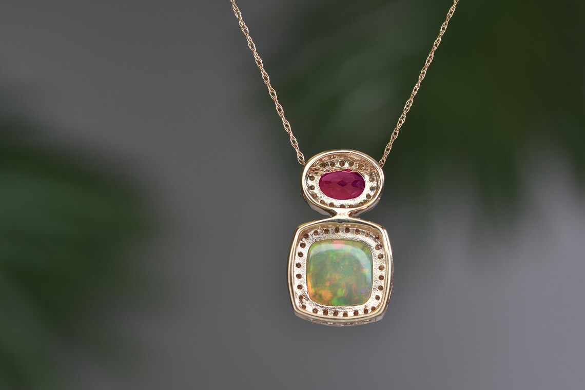 Opal Ruby Necklace, Solid 14kt Gold, Opal Pendant, Ruby and Diamond ...