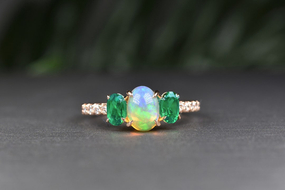 Opal, Emerald & Diamond Gold Ring, Natural Emerald Ring, Ethiopian Opal ...