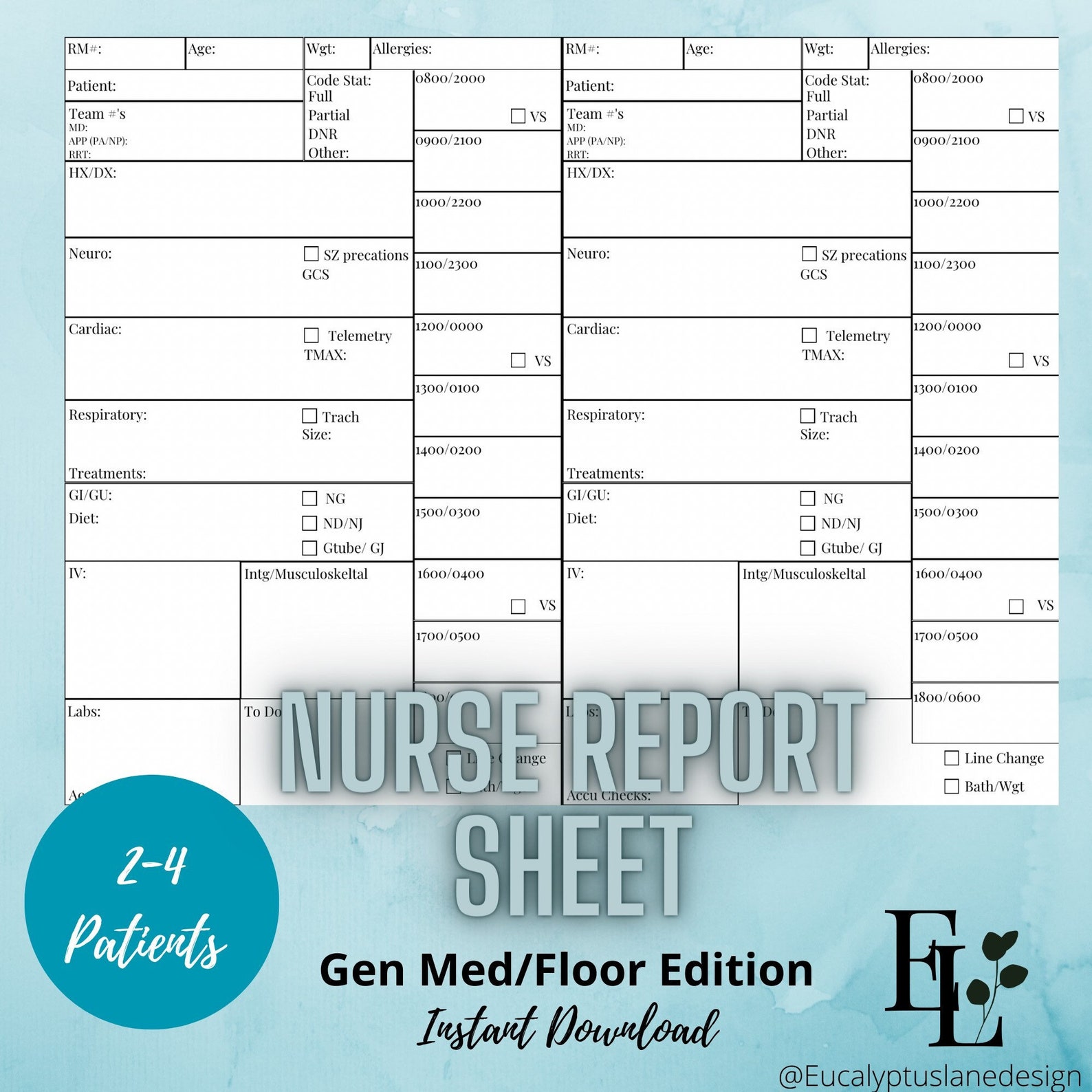 PRINTABLE Nursing Report Sheet/ Nurse Brain/rn Report Sheet/med Surg ...