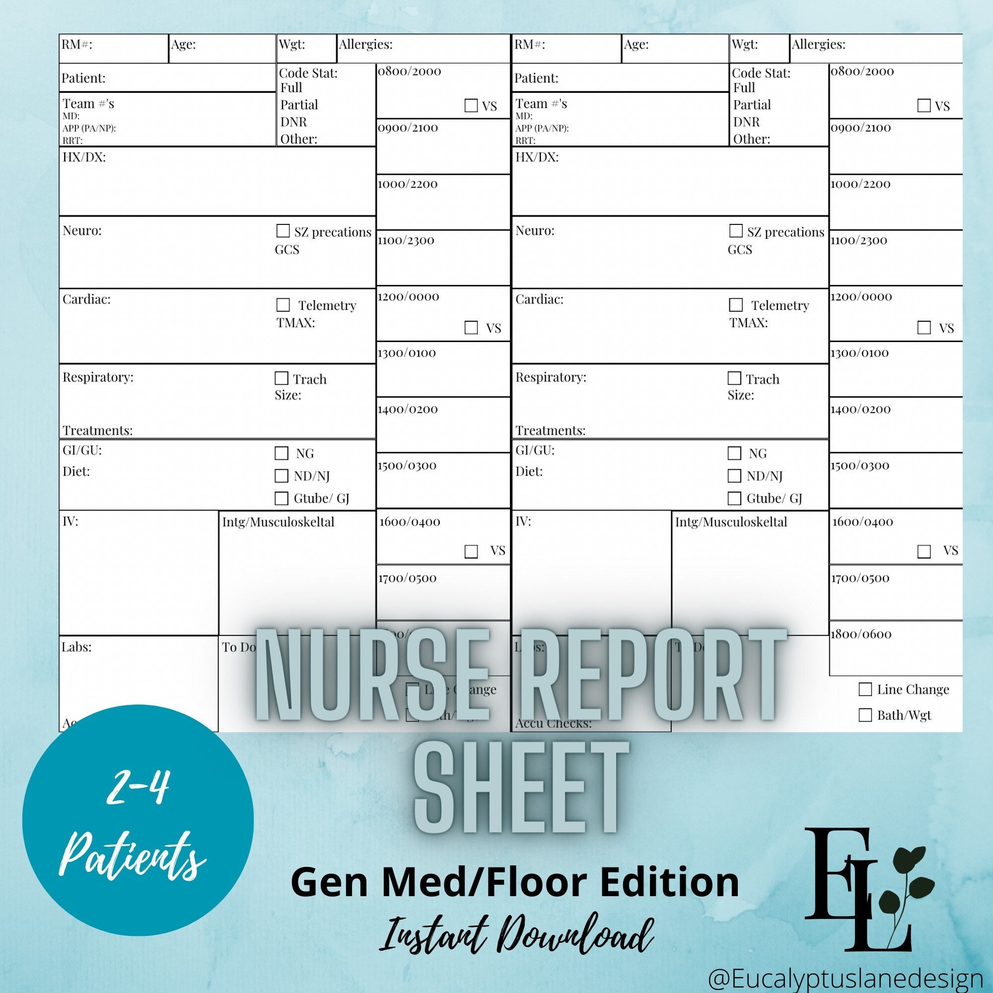 PRINTABLE Nursing Report Sheet/ Nurse Brain/rn Report Sheet/med Surg ...
