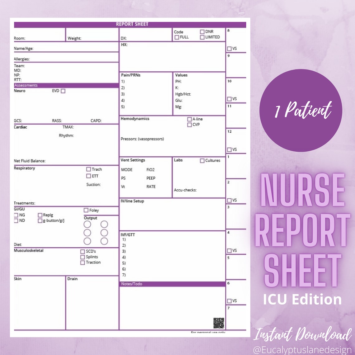 Printable Nurse Report / Brain / ICU Report Sheet/ ICU Nurse Brain ...
