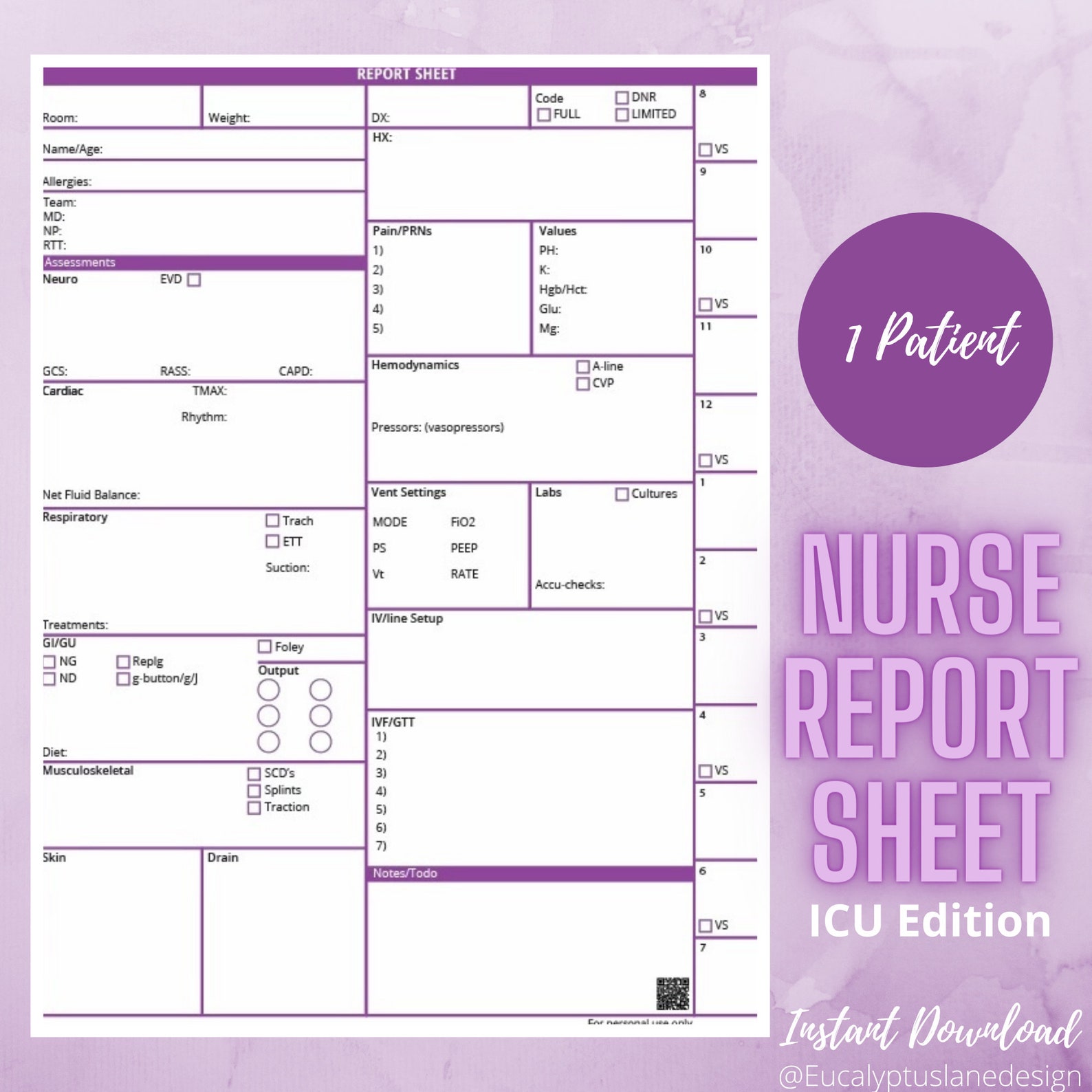 Printable Nurse Report / Brain / ICU Report Sheet/ ICU Nurse Brain ...