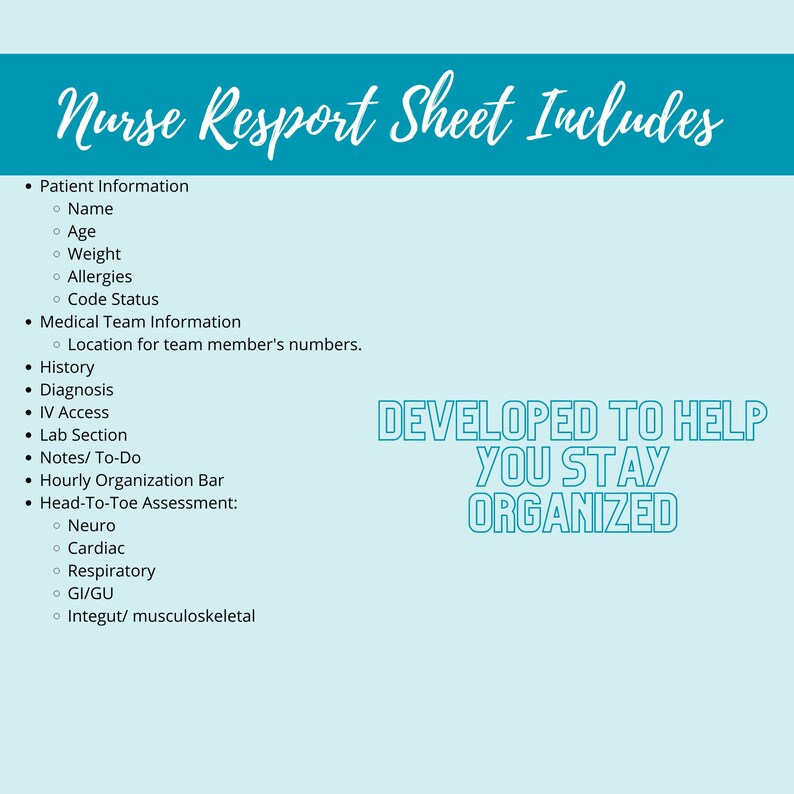 PRINTABLE Nursing Report Sheet/ Nurse Brain/rn Report Sheet/med Surg ...