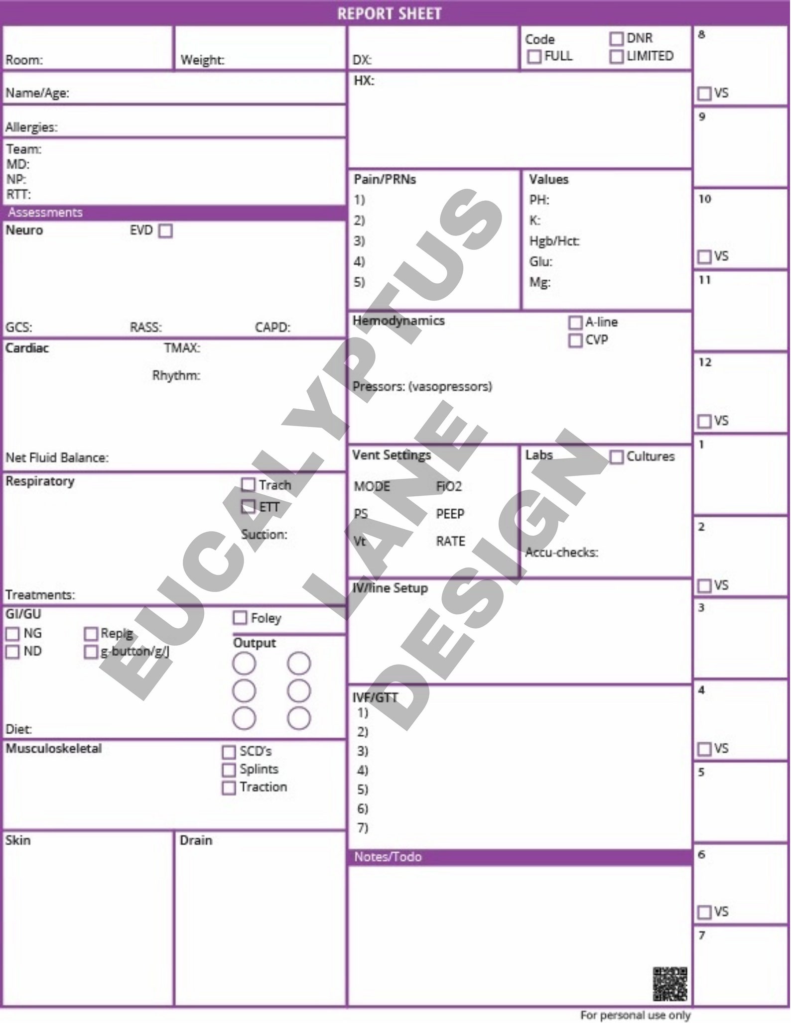 Printable Nurse Report / Brain / ICU Report Sheet/ ICU Nurse Brain ...
