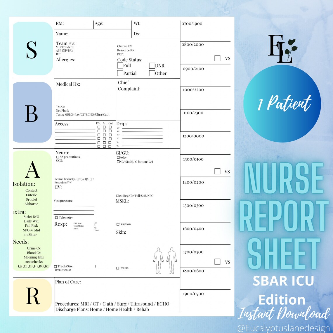 PRINTABLE Nursing Report Sheet/ Nurse Brain/sbar Report Sheet/icu ...