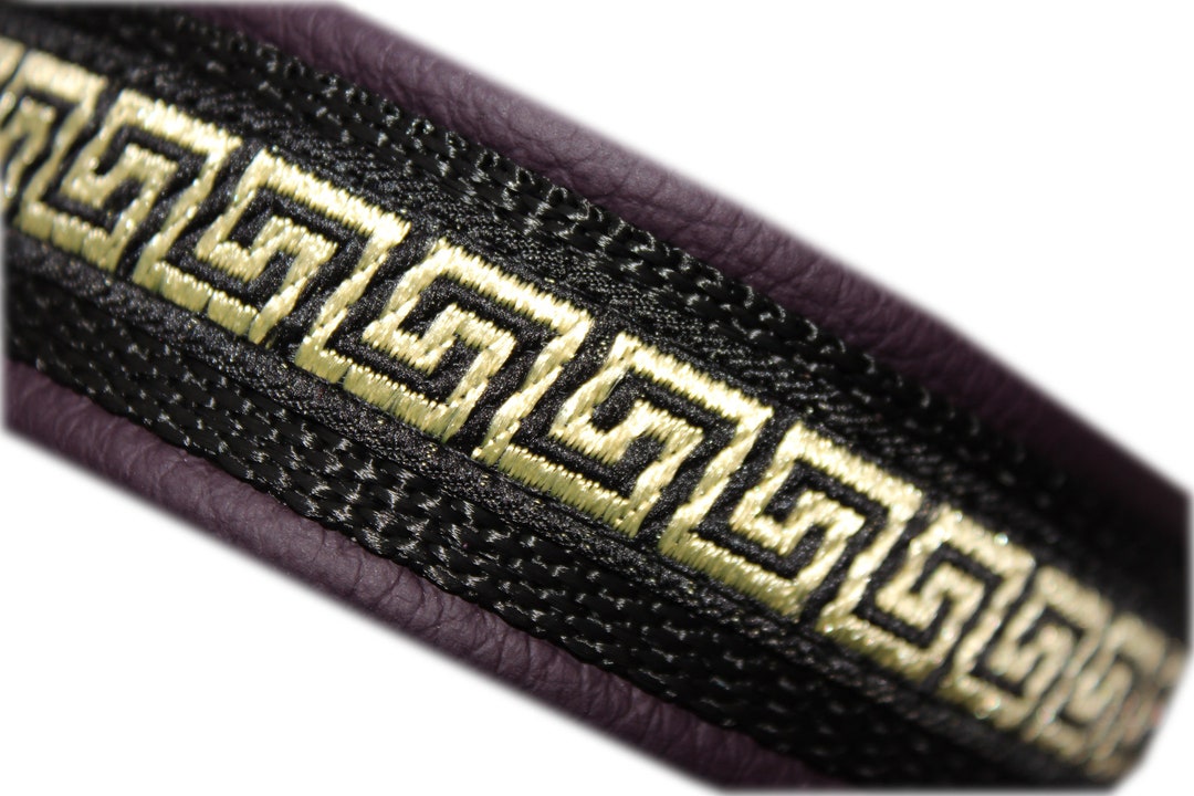 Greek Key Dog Collar Leather, Purple, Black, Gold, Adjustable With ...