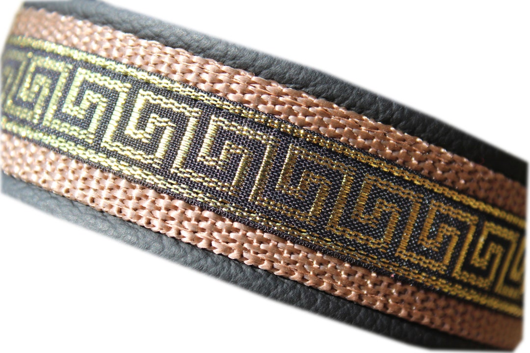Greek Key Dog Collar Leather, Black and Gold, Martingale Limited Slip ...