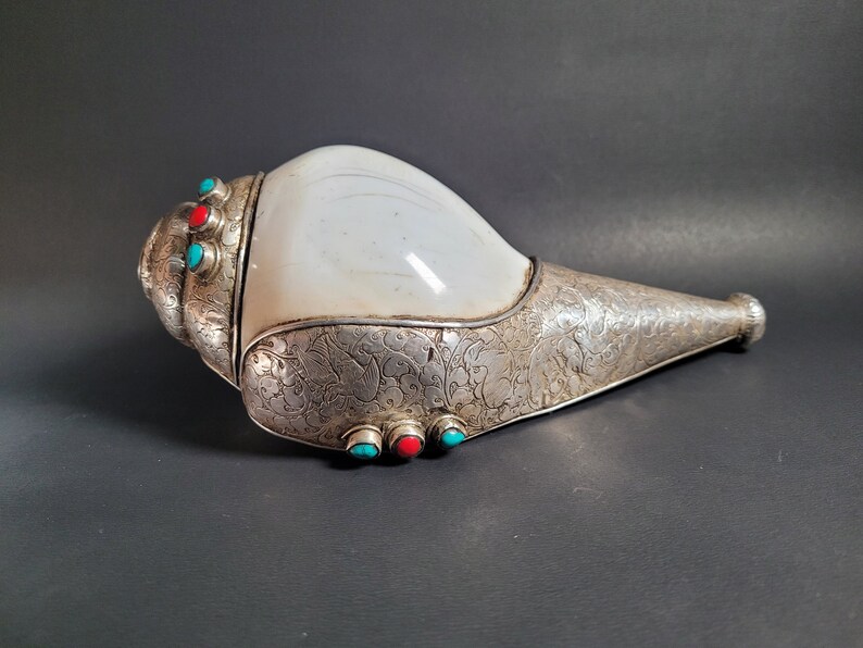 Silver Conch Shell | Turquoise Coral, Religious Decor - Etsy