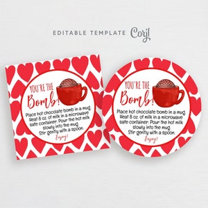 Editable Valentine's Day Hot Chocolate Bomb Tag or Sticker, Red ...