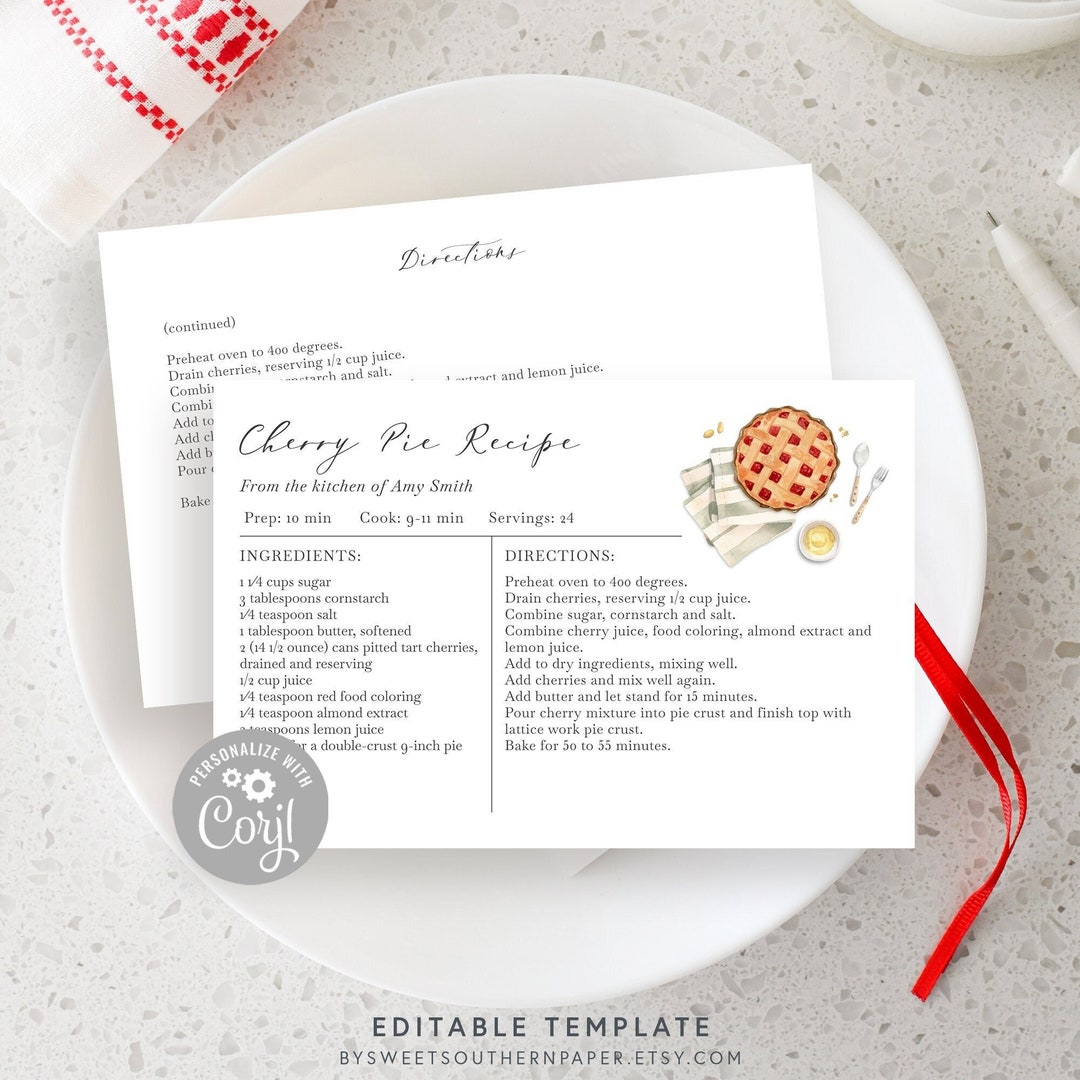 Editable Recipe Card, Pie Recipe Card, 4x6 Pie Exchange Printable ...
