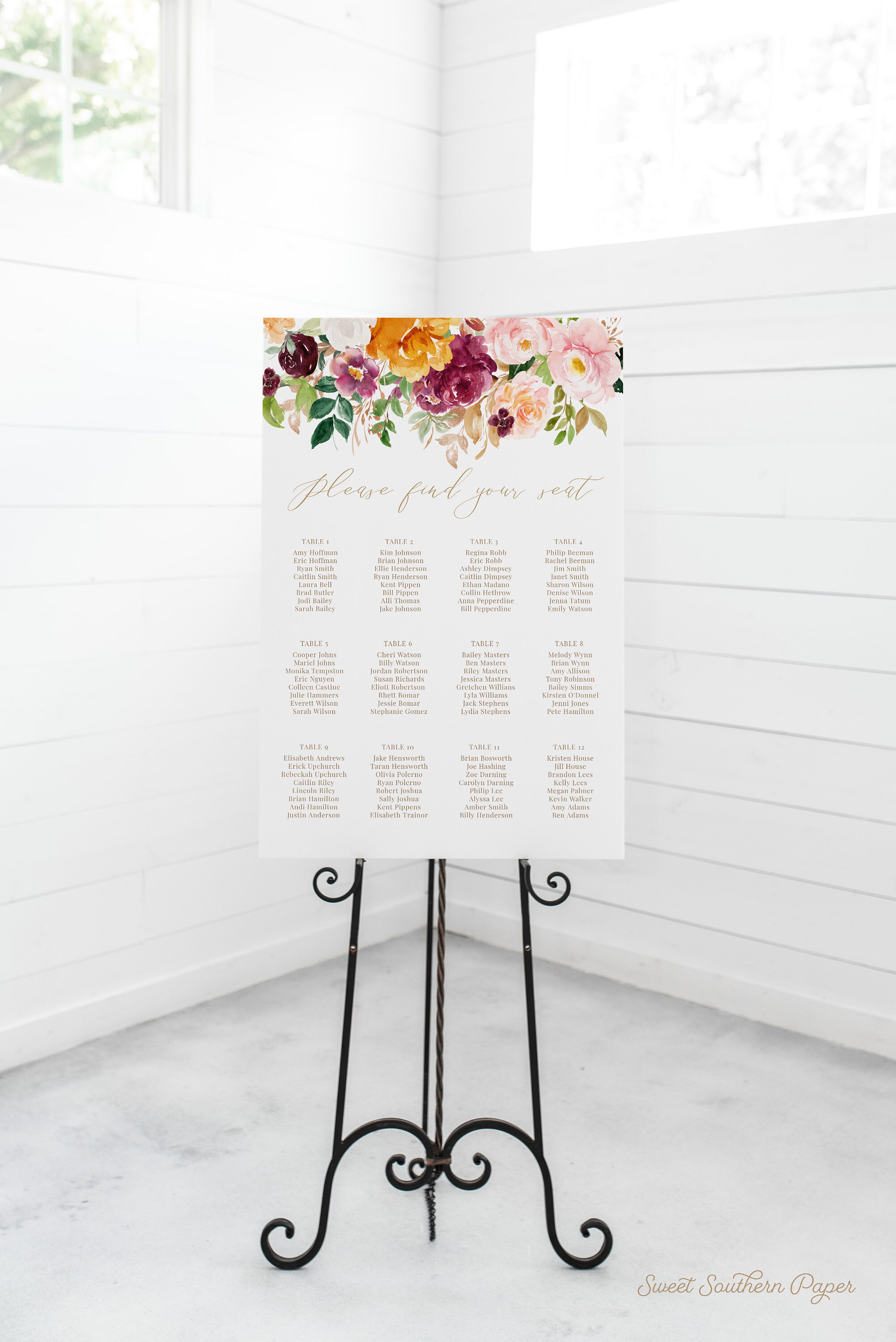 Editable Seating Chart Template | Fall Floral Wedding Seating Sign ...