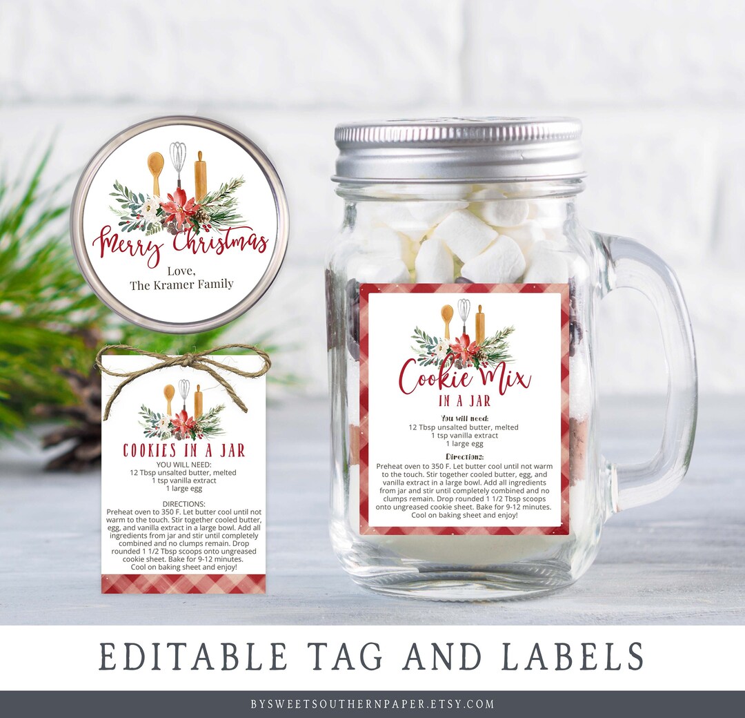 Editable Holiday Cookie in a Jar Instructions Tag & Sticker, Christmas ...
