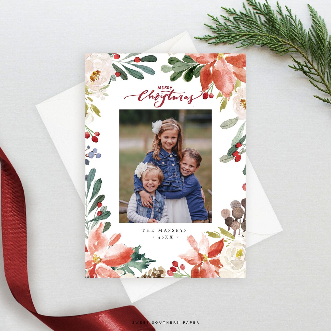 Christmas Floral Photo Cards, PRINTABLE TEMPLATE, Personalized ...